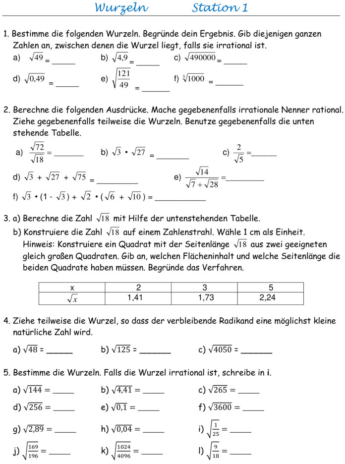 Übungsblatt zu Wurzeln