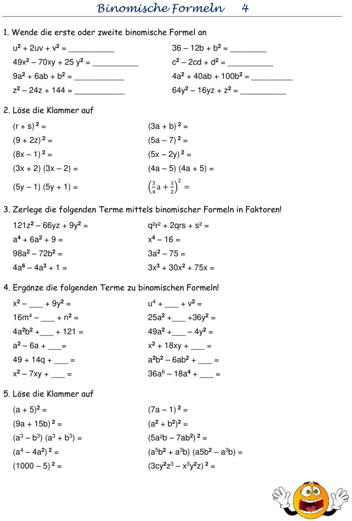 Übungsblatt zu Binomische Formeln
