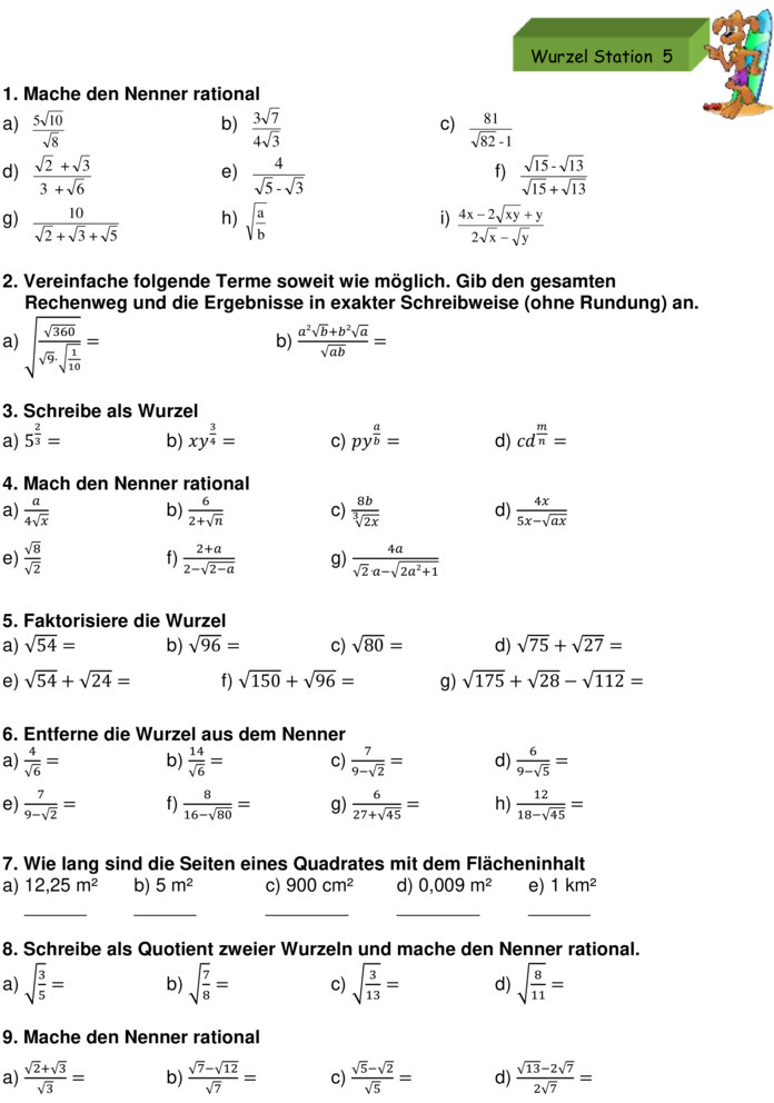 Übungsblatt zu Wurzelrechnung