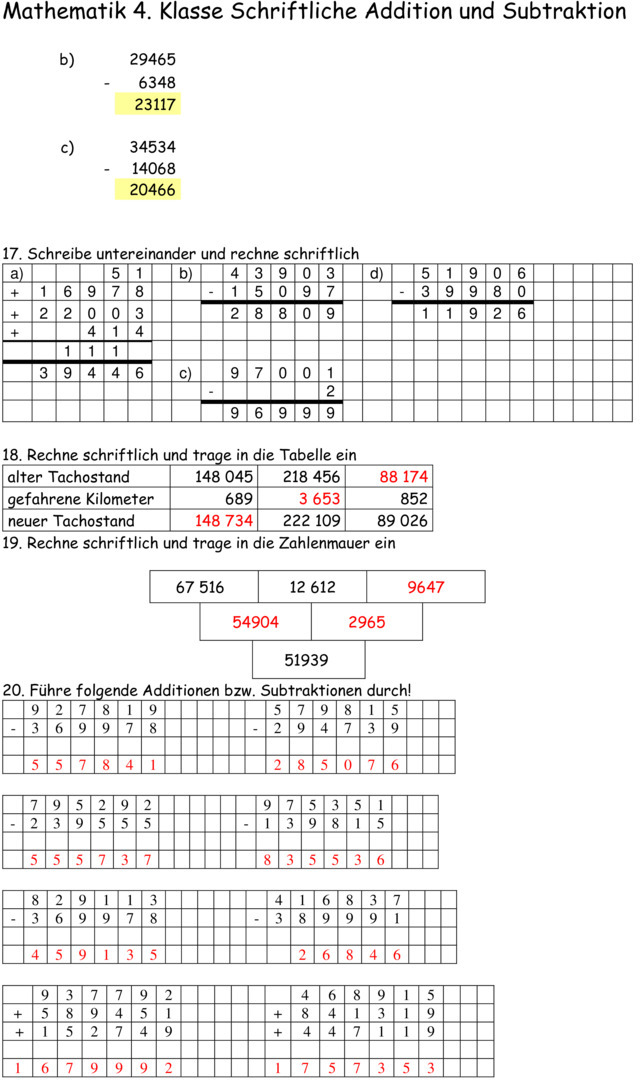 Übungsblatt zu Schriftliche Addition und Subtraktion
