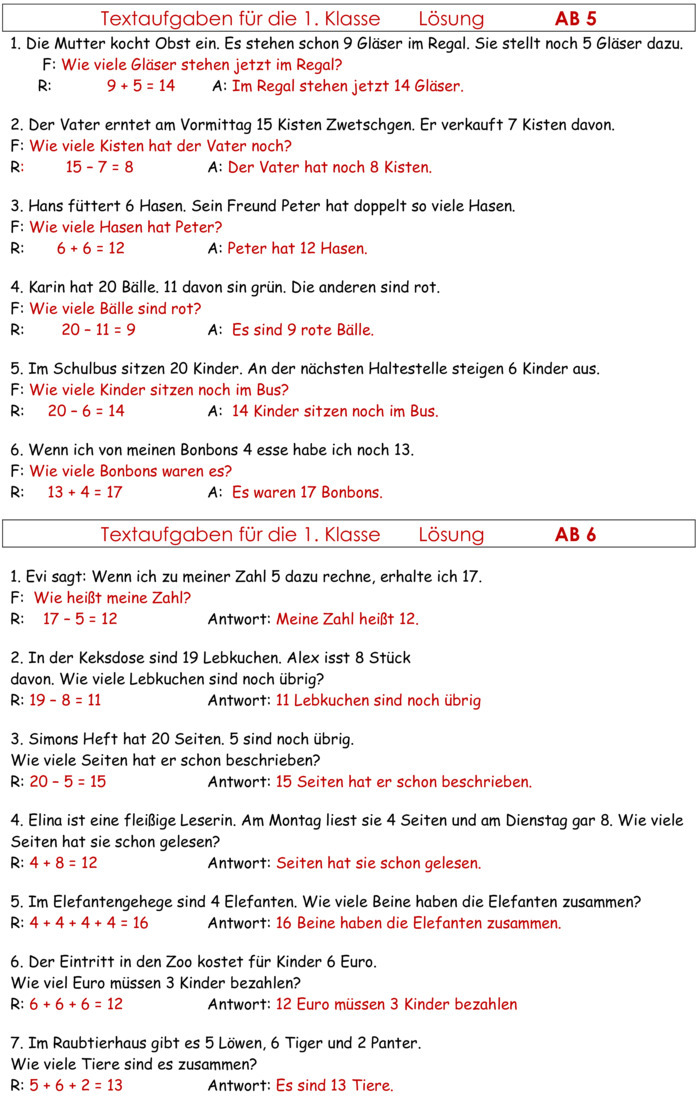 Übungsblatt zu Textaufgaben [Mathe 1. Klasse]