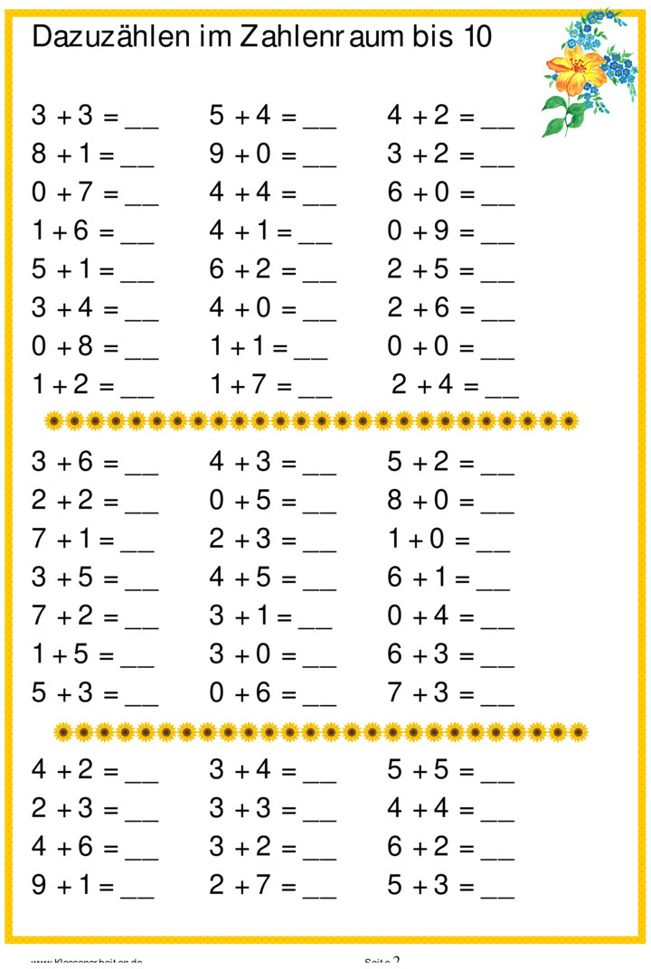 Übungsblatt zu Rechnen von 1 bis 10